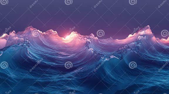 Pink and Blue Ocean Waves at Sunset Stock Illustration - Illustration ...
