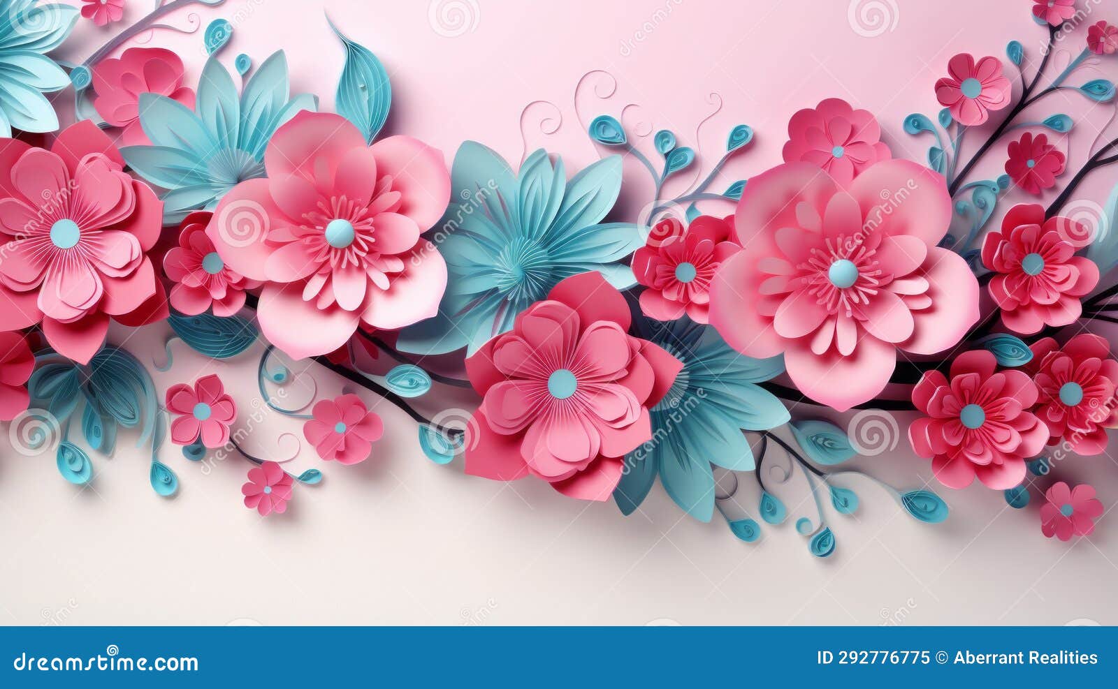 Pink and Blue Paper Flowers on a Light Pink Background Stock ...