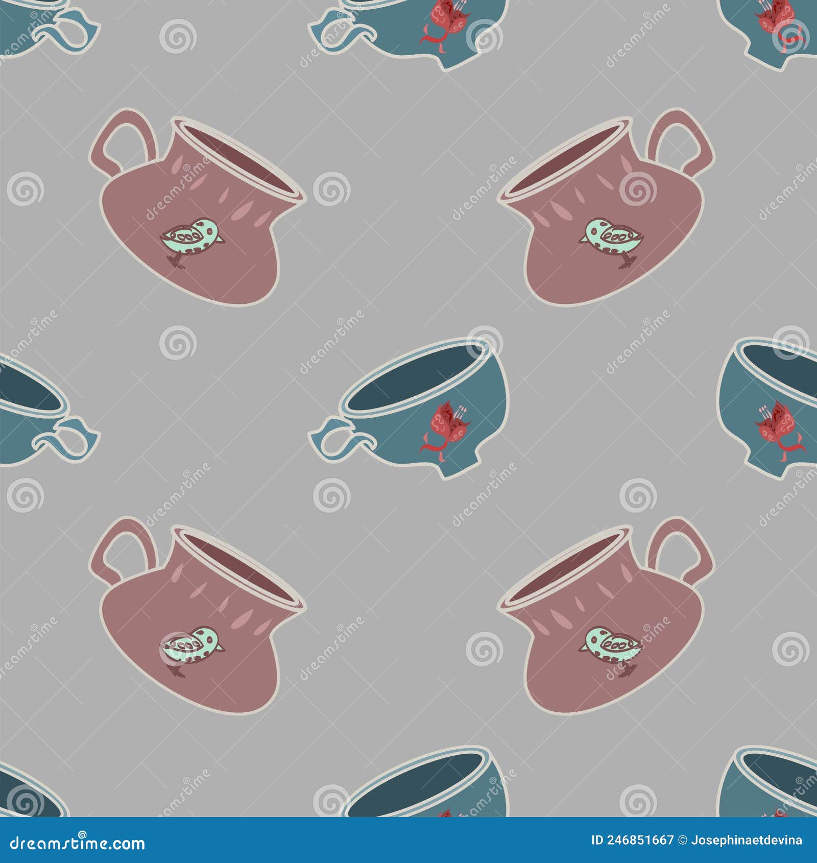 Pink and Blue Teacups Vector Seamless Repeat Pattern on Grey Stock Vector - Illustration of blue ...