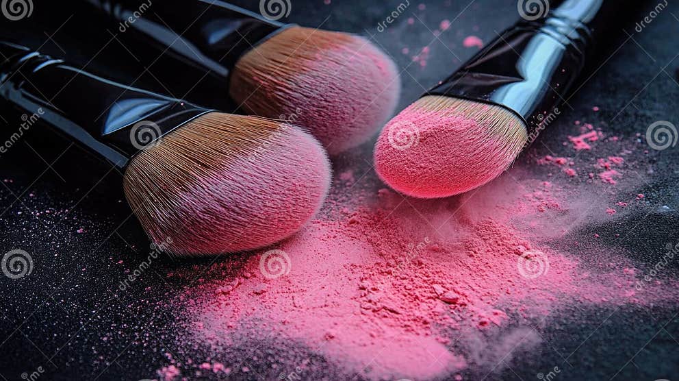Pink Blush Powder with Makeup Brushes on Dark Surface Stock Photo ...