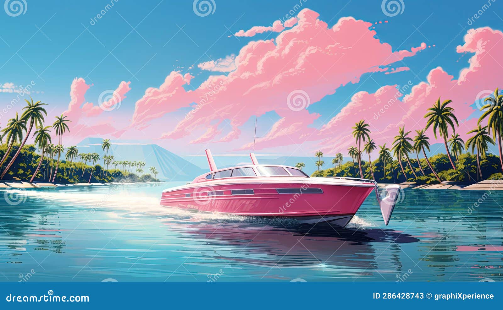 Pink Boat in Miami Beach stock illustration. Illustration of luxurious ...