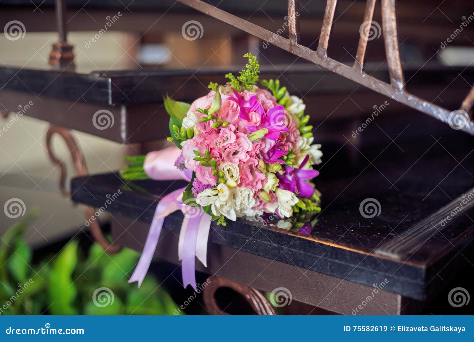 Pink Bouquet on the stairs stock image. Image of bridesmaid - 75582619