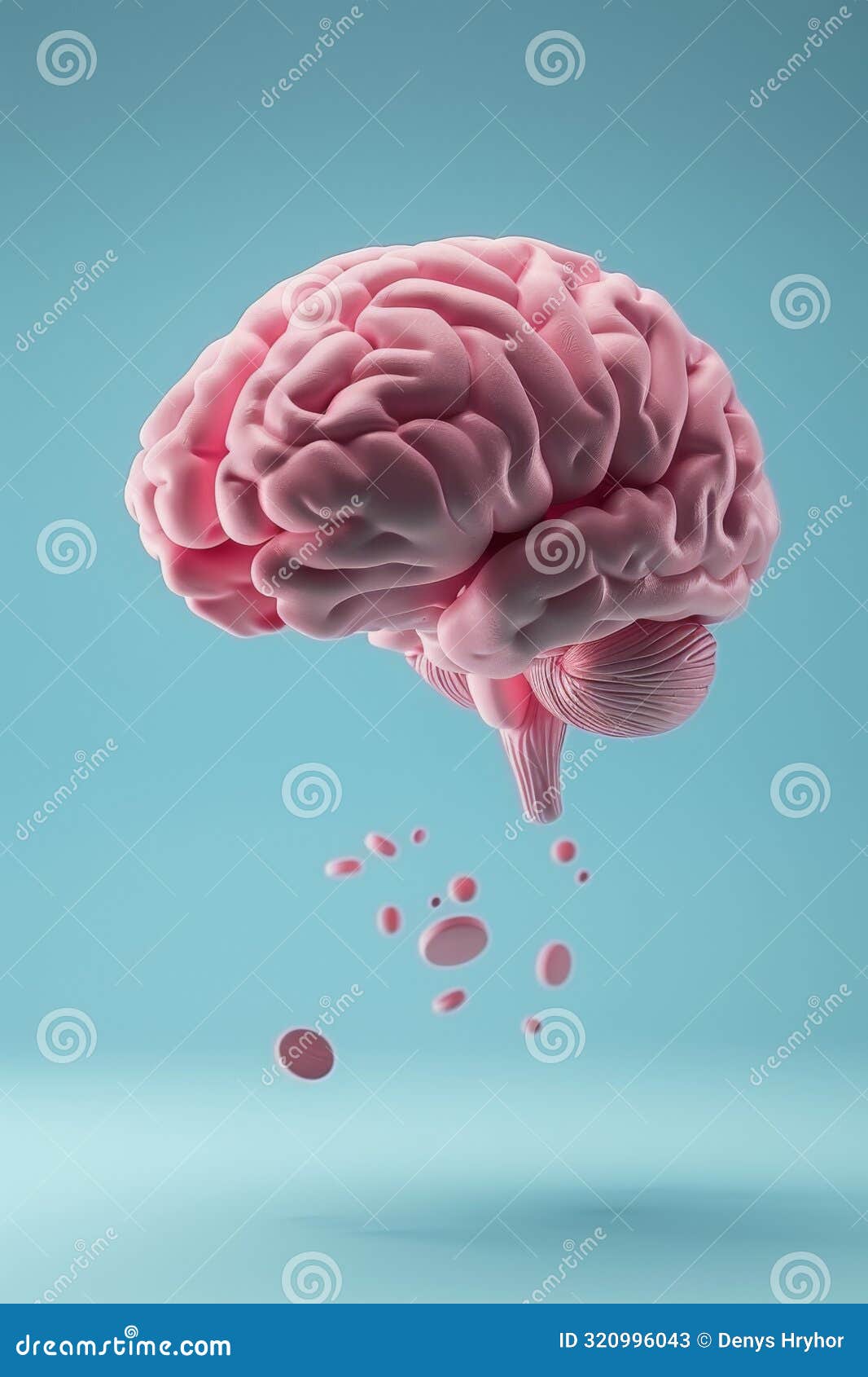 A Pink Brain Floats Against a Blue Background, with Pink Droplets ...