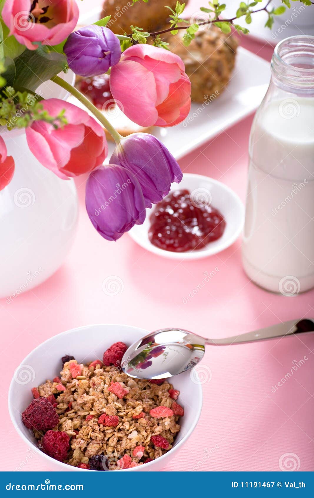 Pink breakfast stock image. Image of objects, freshness - 11191467