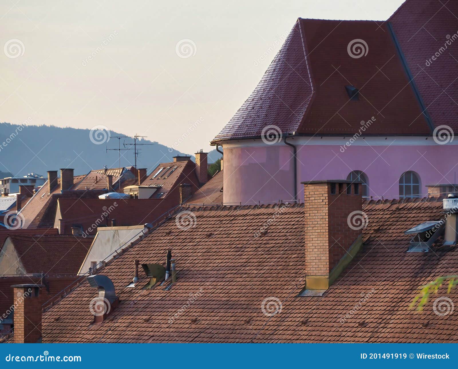 Pink Buildings with Tiled Rooftops Stock Image - Image of ceiling ...
