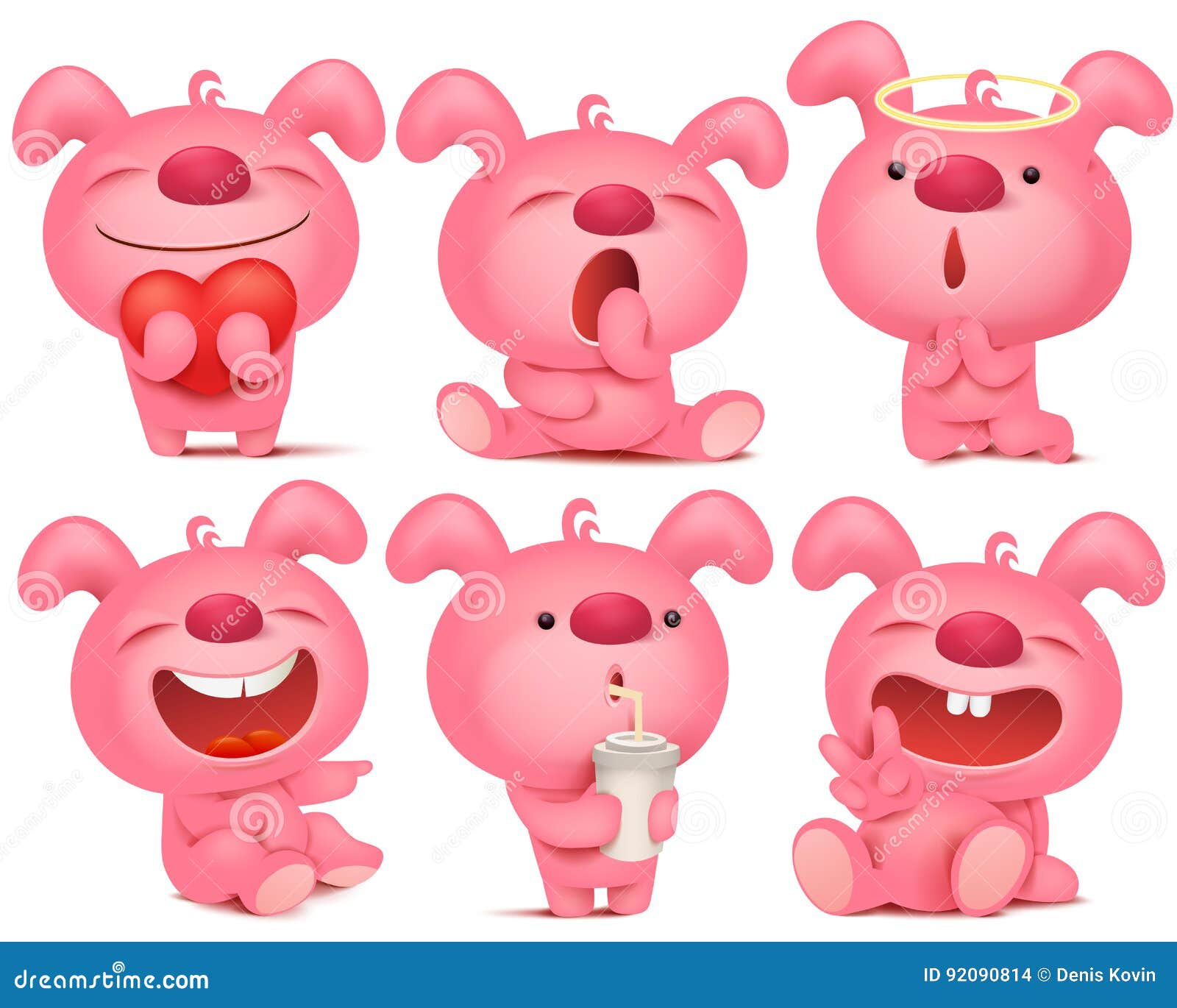 Pink Bunny Emoji Character Set with Different Emotions and Situations ...