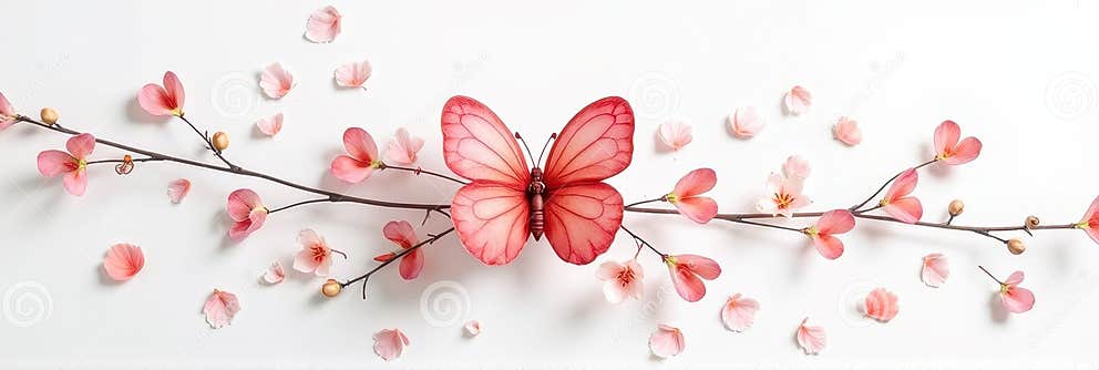 Pink Butterfly and Cherry Blossoms on Branch with Subtle Petals Stock ...
