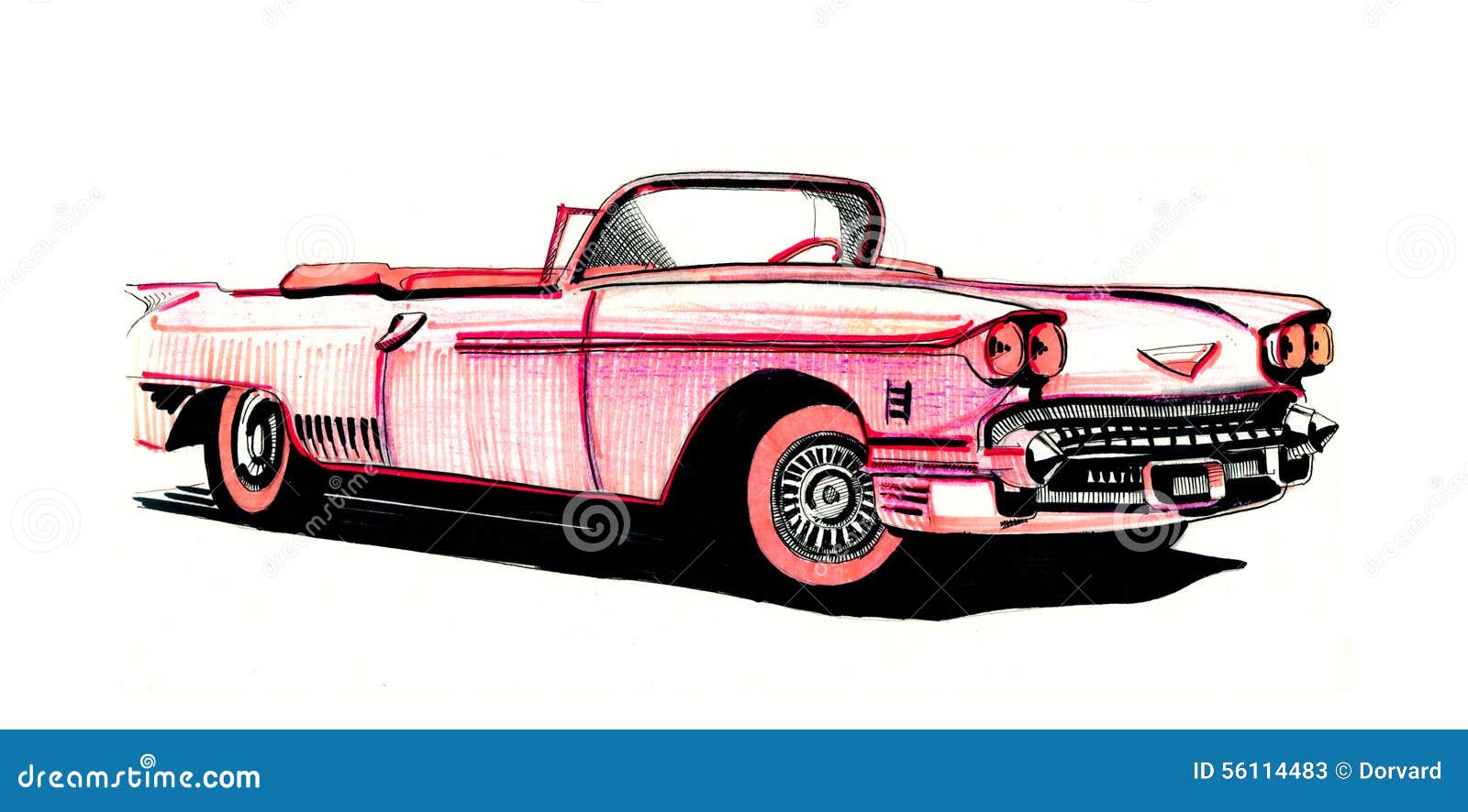 Pink Cadillac Car With A Heart-shaped Balloon. Hand-drawn Stroke ...