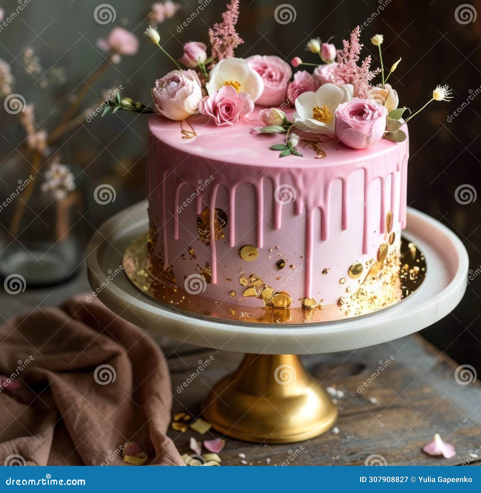A Pink Cake on a Stand with Gold Decorations Stock Image - Image of ...