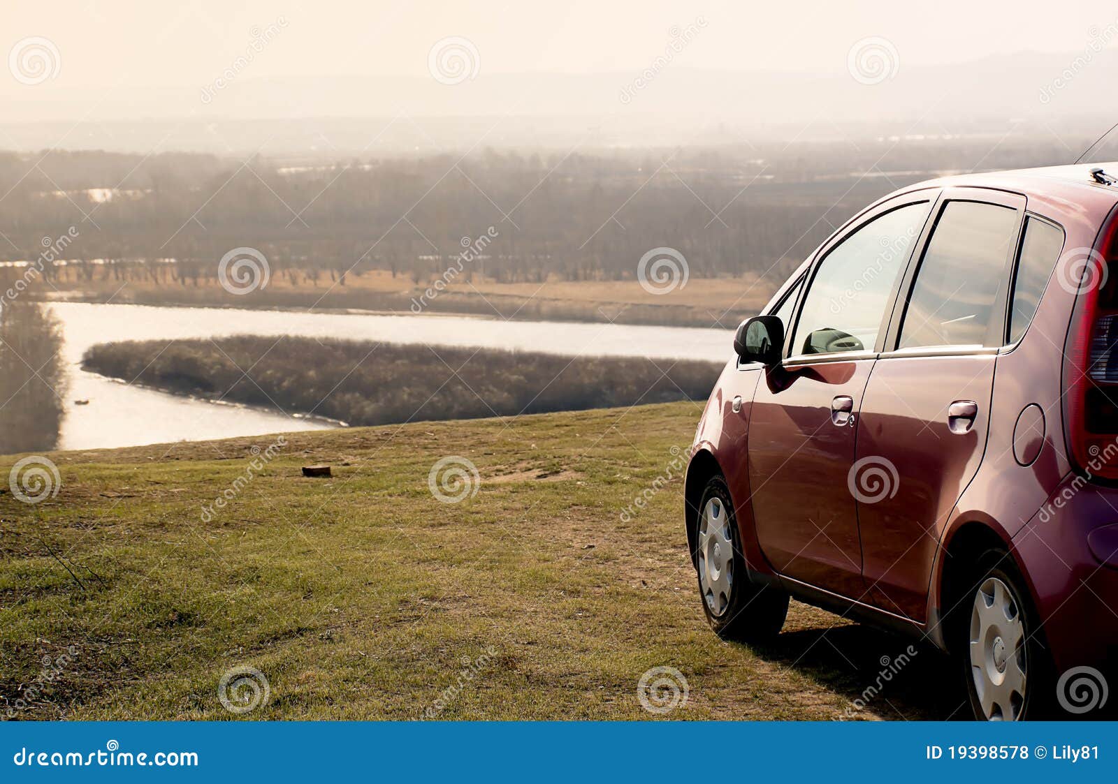 Pink Car on a High Bank of the River Stock Photo - Image of trip, high ...