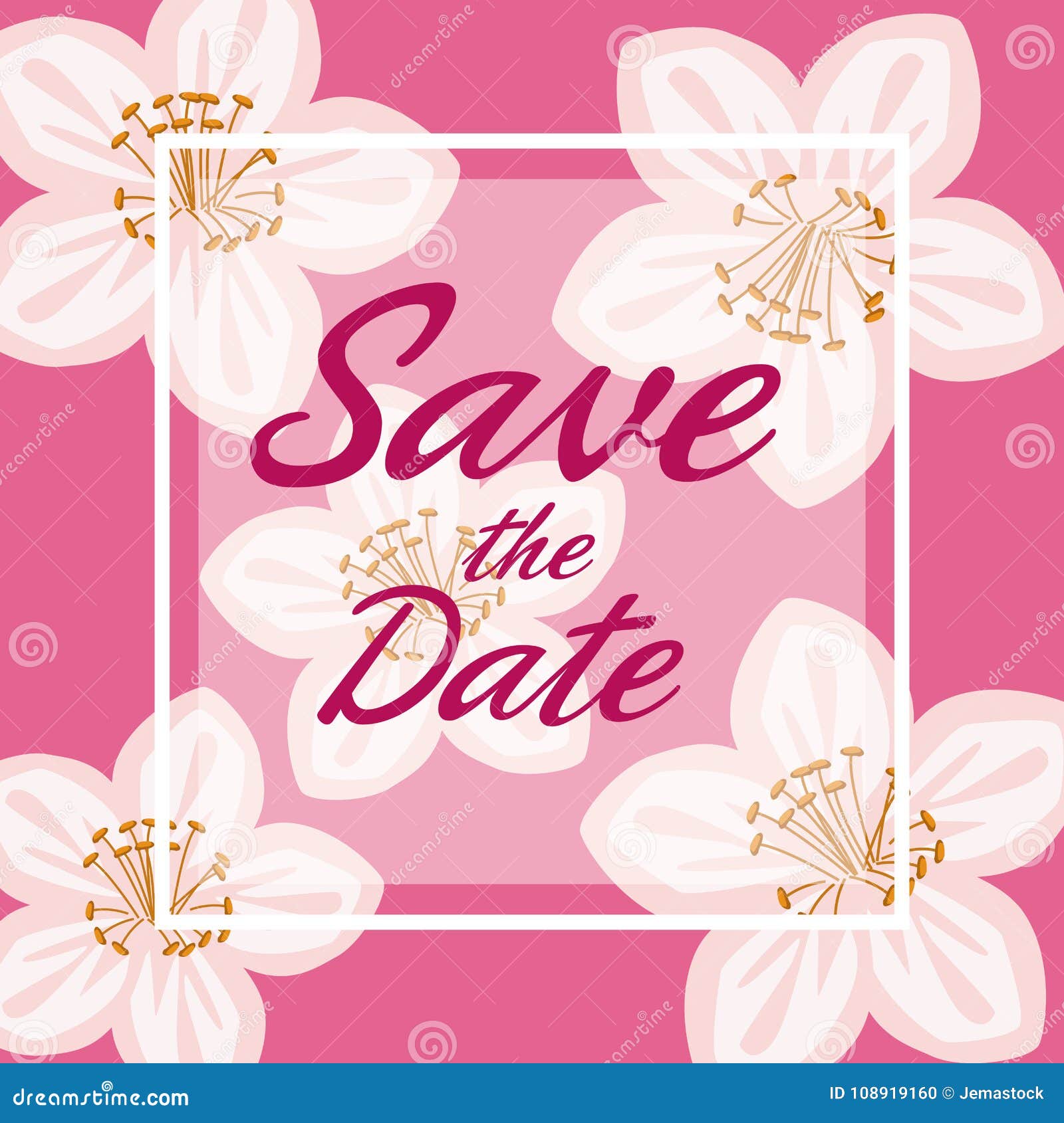 Pink Card Background with Decorative Flowers and Square Frame Save the ...