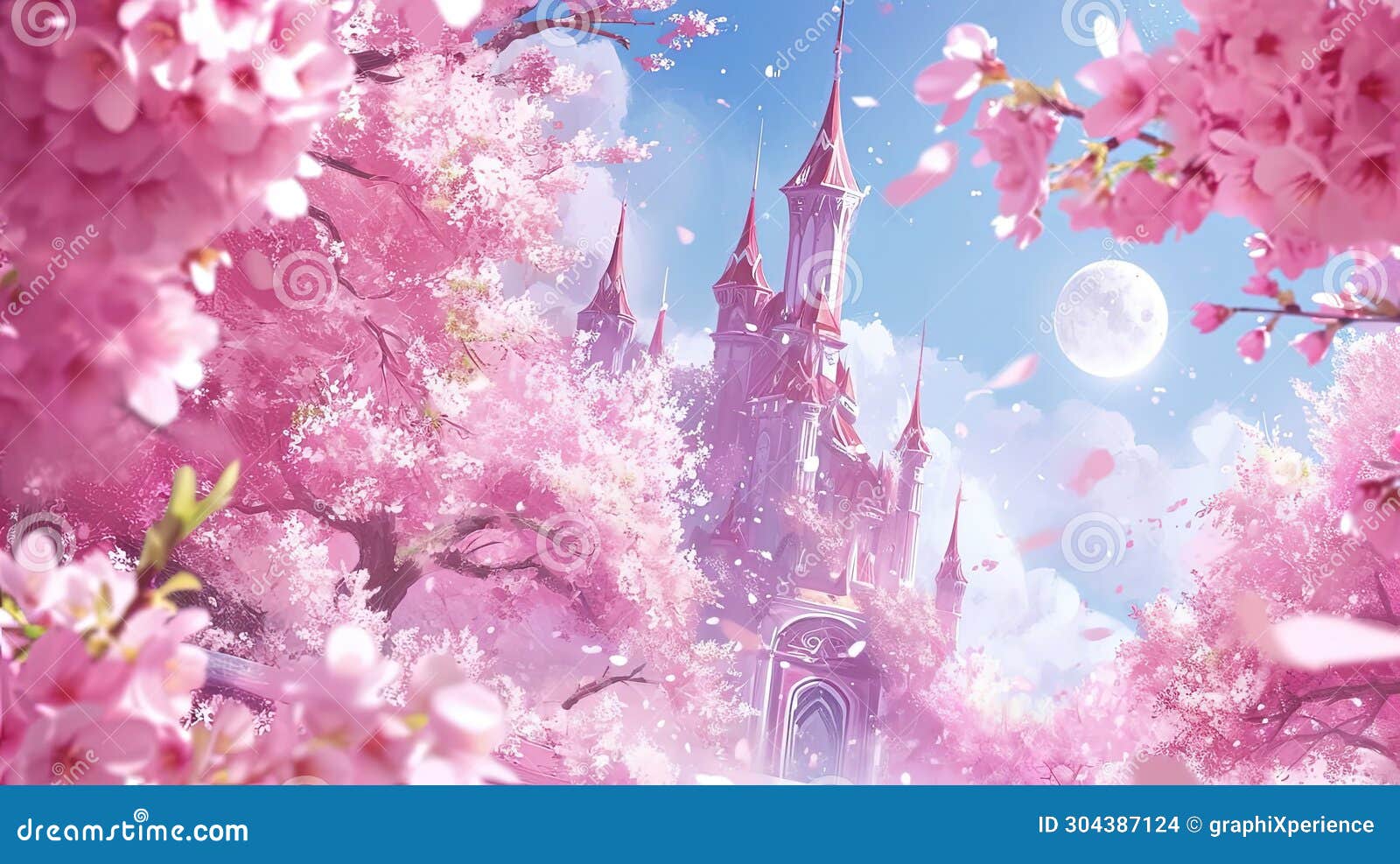 Pink Castle with Cherry Branches and Moon Stock Illustration ...