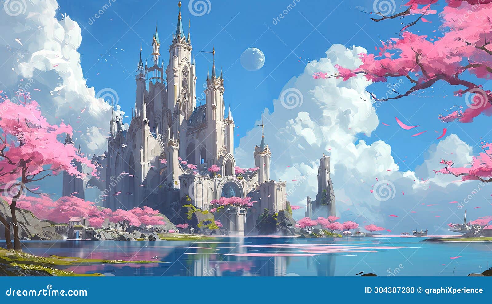 Pink Castle with Cherry Branches and Moon Stock Illustration ...