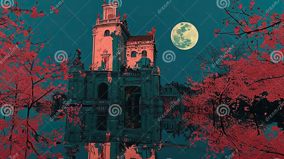 Pink Castle with Cherry Branches and Moon Stock Illustration ...