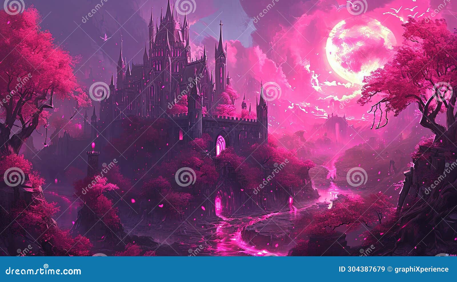 Pink Castle with Cherry Branches and Moon Stock Illustration ...