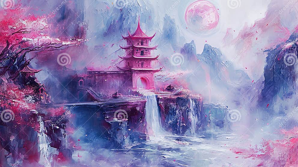 Pink Castle with Cherry Branches and Moon Stock Illustration ...