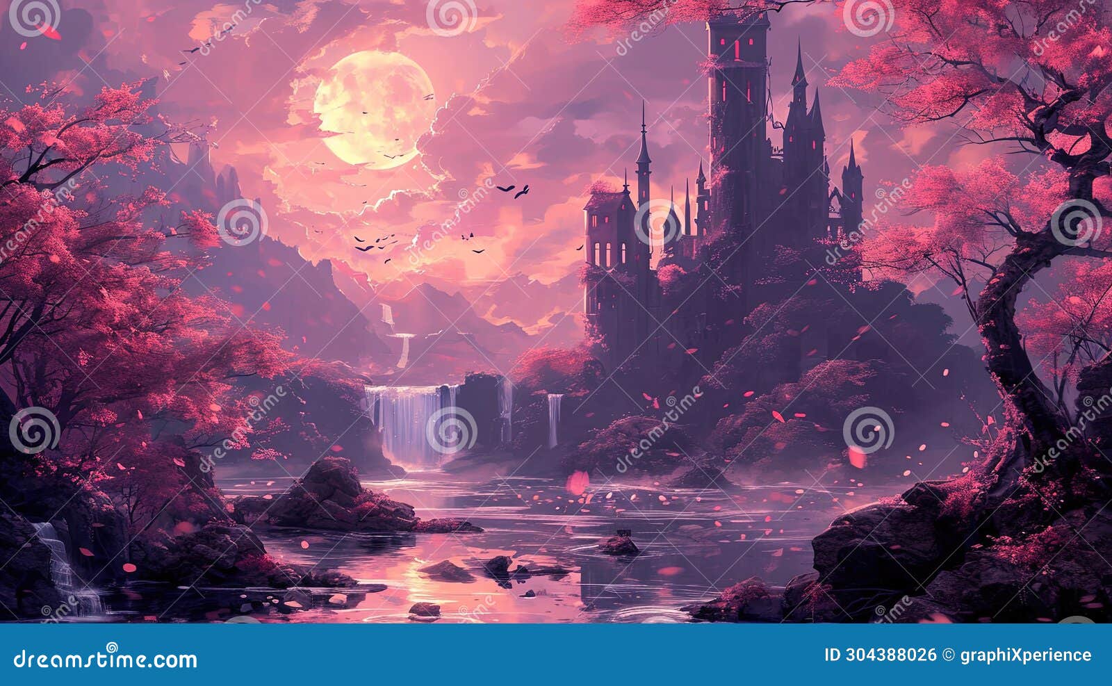 Pink Castle with Cherry Branches and Moon Stock Illustration ...