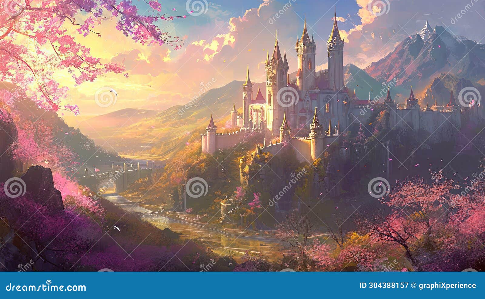Pink Castle with Cherry Branches and Moon Stock Illustration ...