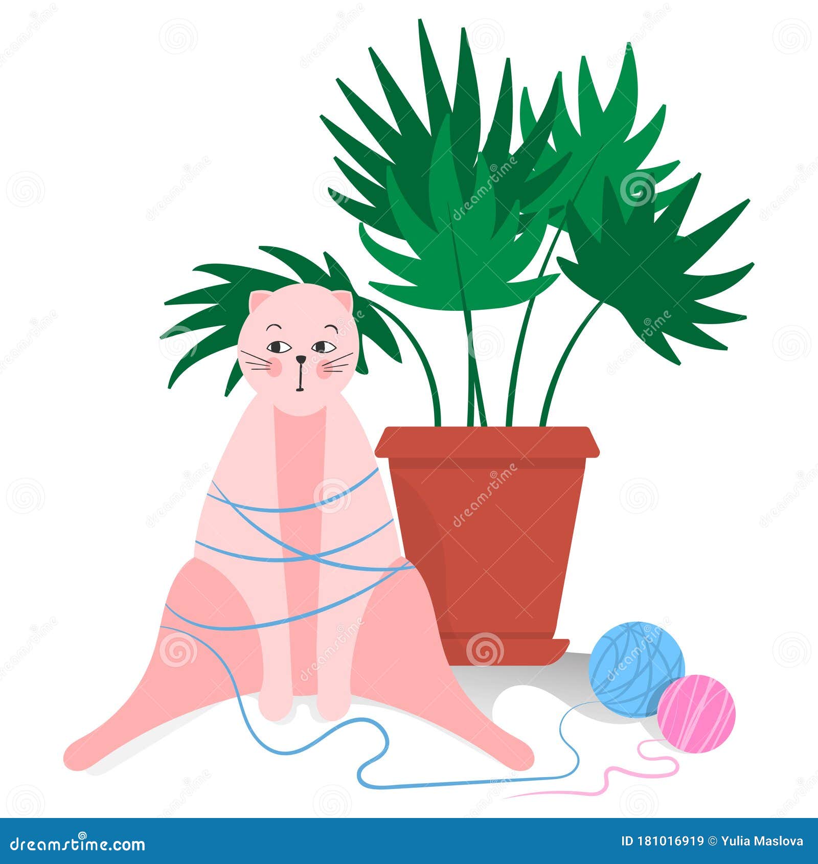 Pink Cat Tangled Up in Threads. Stock Vector - Illustration of ...