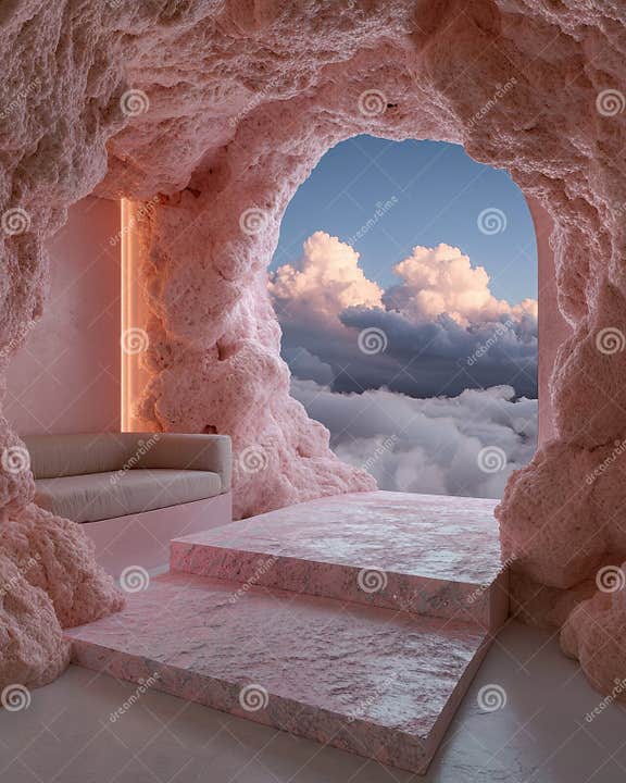 Pink Cave Interior Design with Cloud View Stock Illustration ...