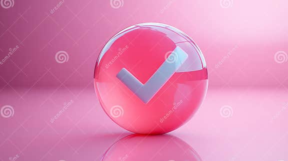 Pink Checkmark Sphere on Reflective Surface, Digital Art. Concept of ...