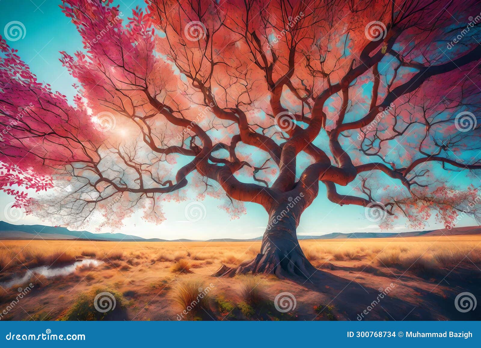 Pink Cherry Blossom Tree Canopy, the Trunk of the Tree and Branches are ...
