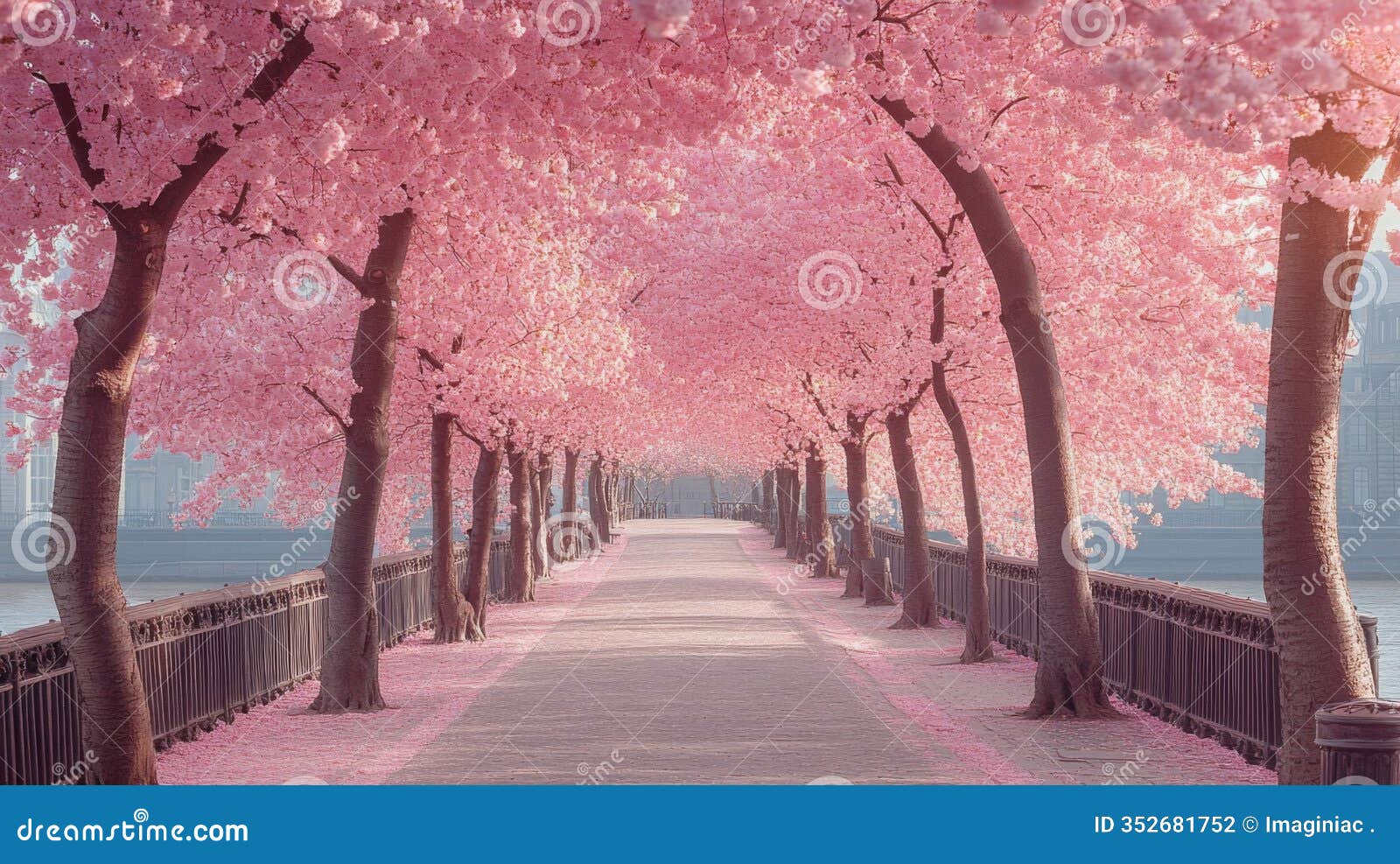 Pink Cherry Blossom Trees Line a Pathway Stock Illustration ...