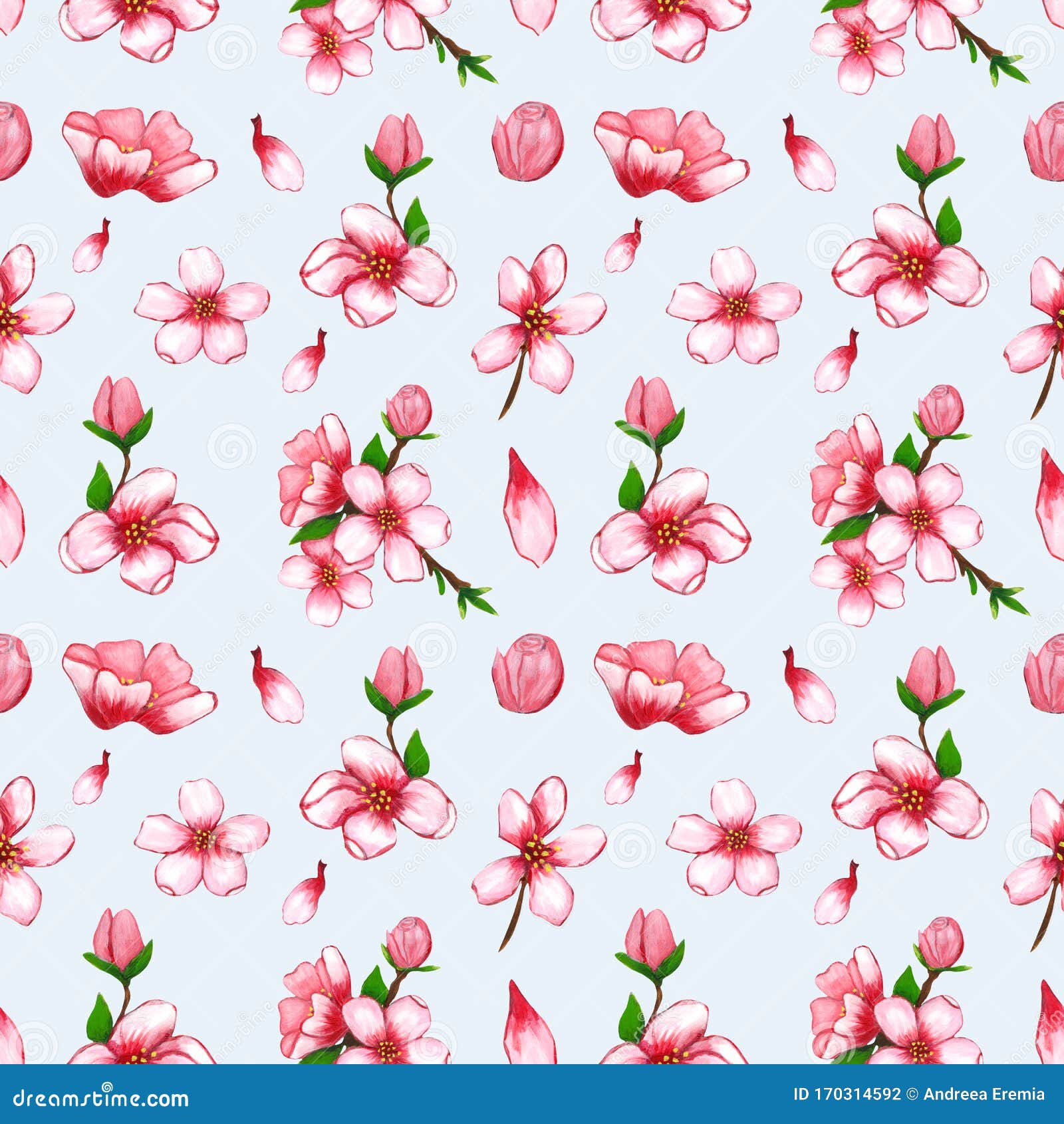 Pink Cherry Flowes in a Seamless Pattern Design Stock Illustration ...