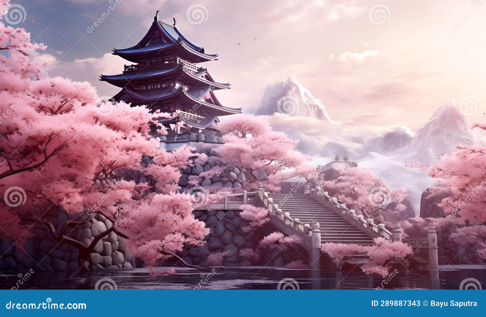 Pink Cherry Trees and Japanese Castle, Ai Generative Stock Illustration ...
