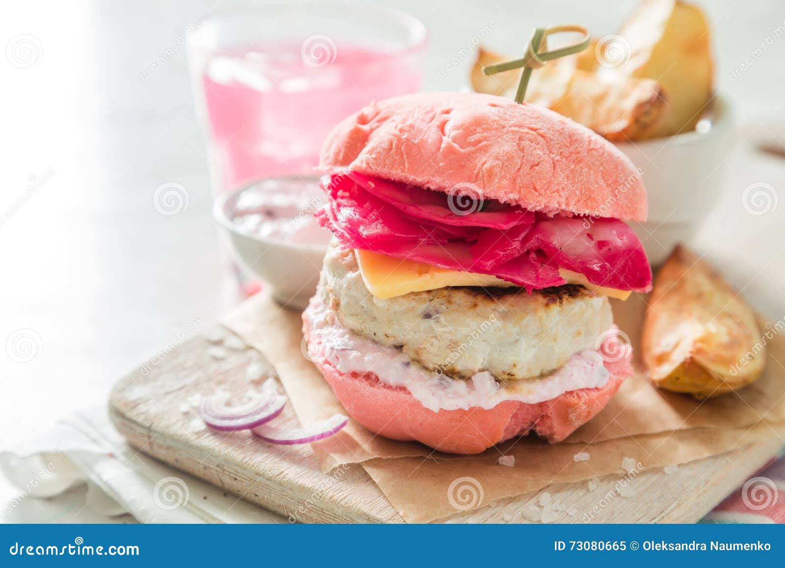 Pink Chicken Grill Burger on Wood Background Stock Image - Image of ...