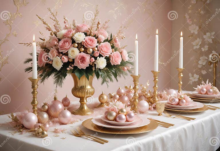 Pink Christmas Table Setting with White and Gold Decorations Stock ...