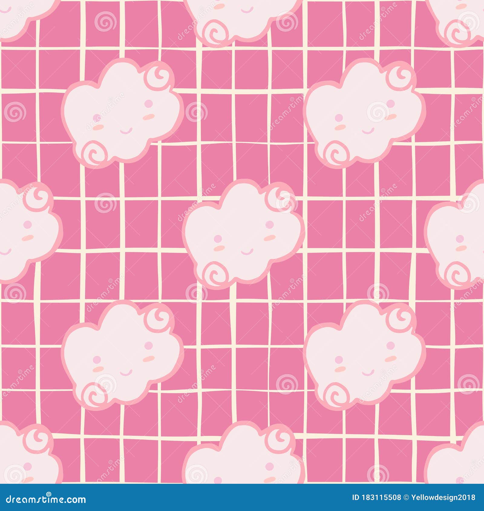Pink Cloud Seamless Pattern on Stripes Background. Doodle Character ...