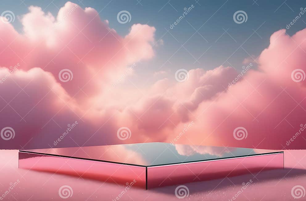 On a Pink Cloud Stands an Empty, Glass, Rectangular Podium Against a ...