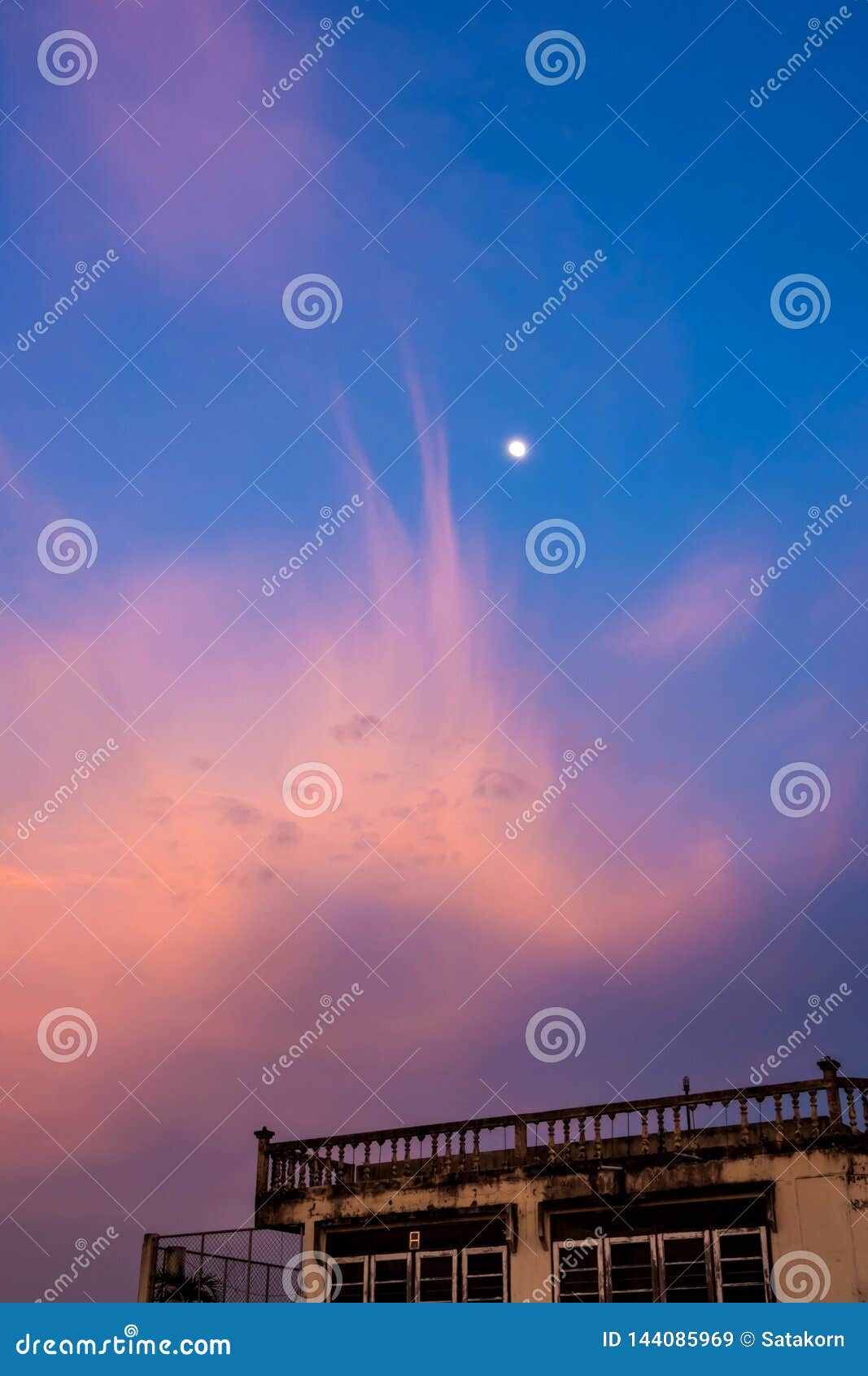 Pink Clouds and Moon in Sunset Sky Stock Image - Image of fluffy ...