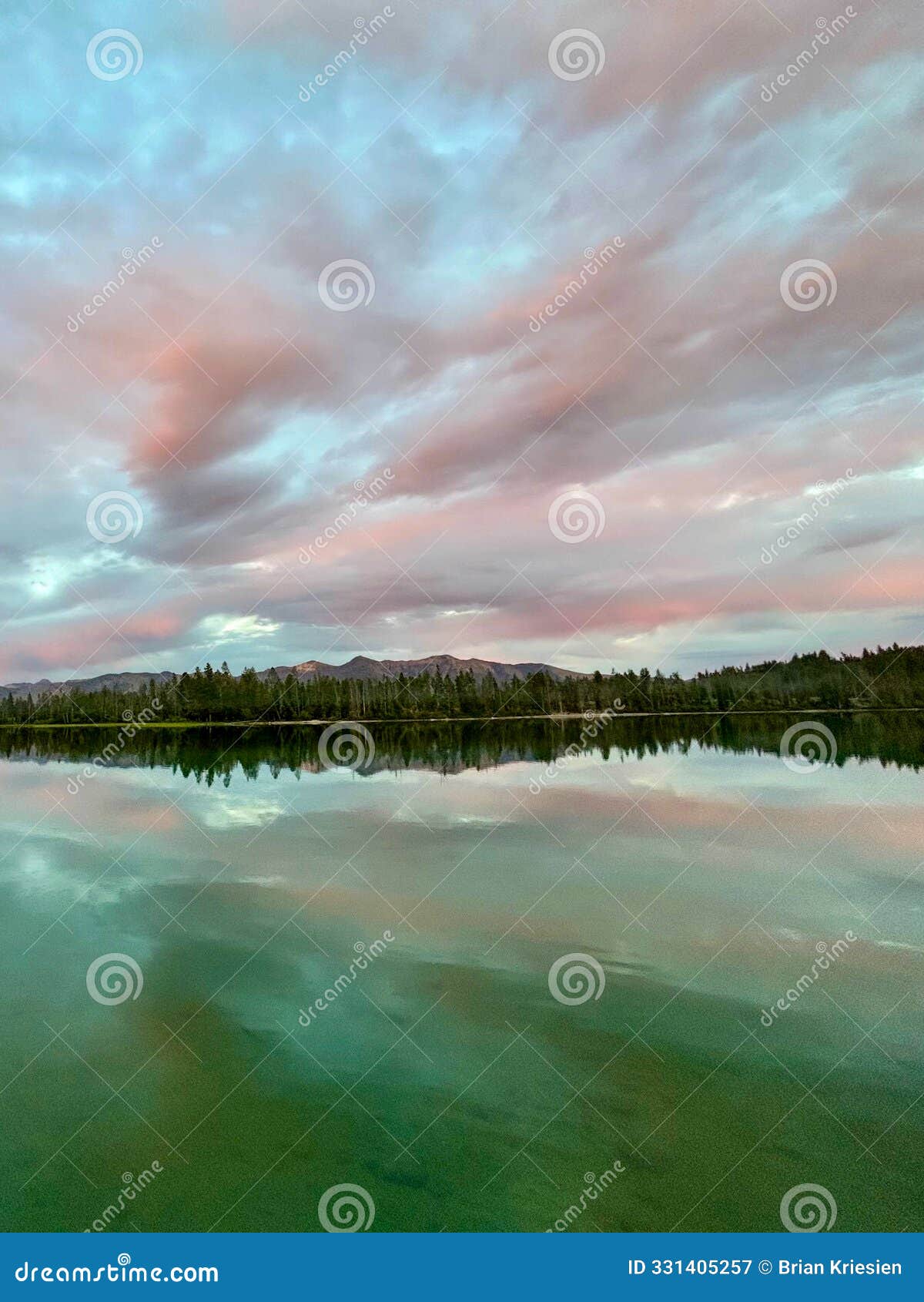 Pink Clouds Reflect Off a Green Lake at Sunset with Trees Stock Image ...