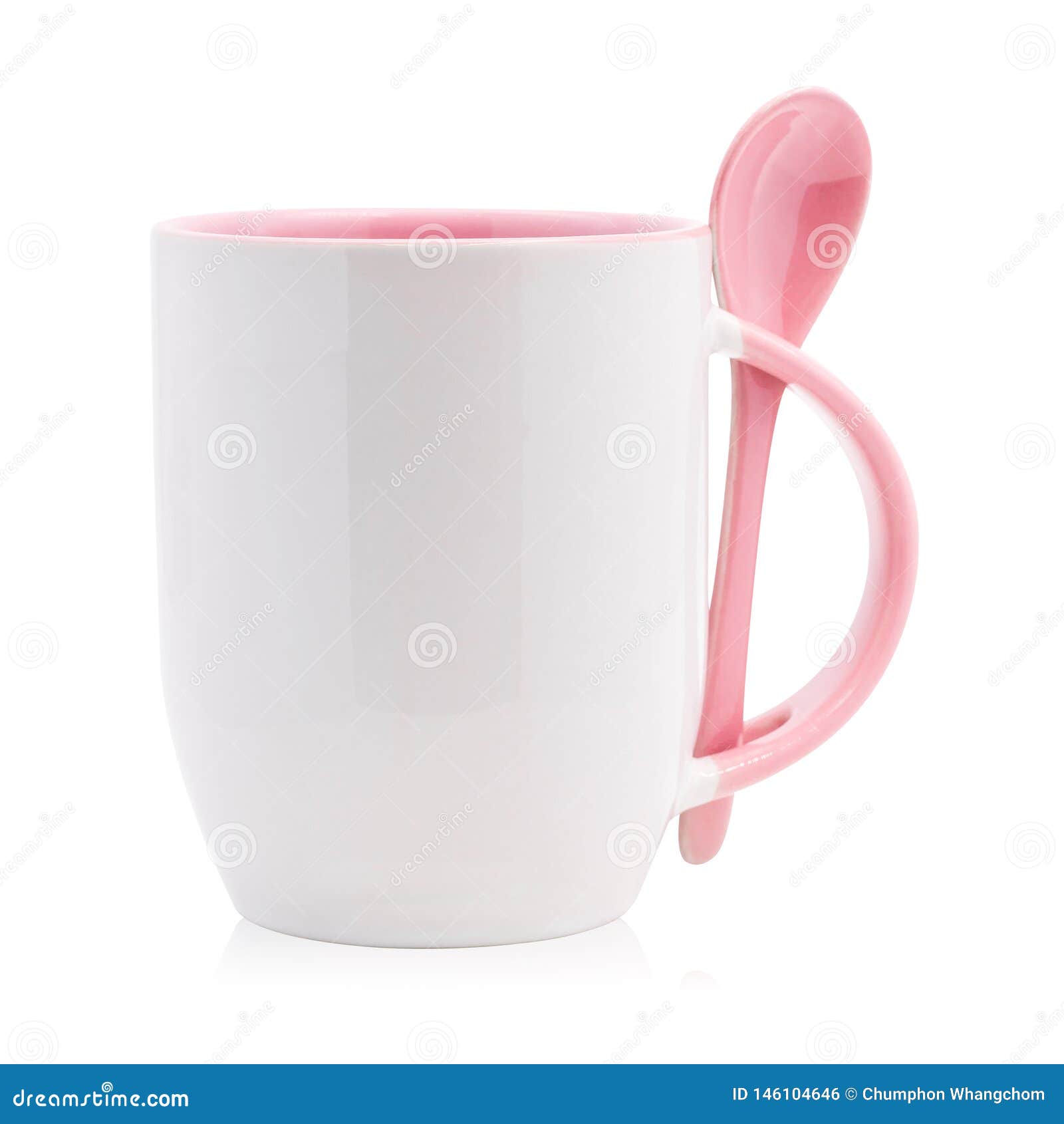 Pink Coffee Mug And Spoon Isolated On White Background. Empty Tea Cup ...