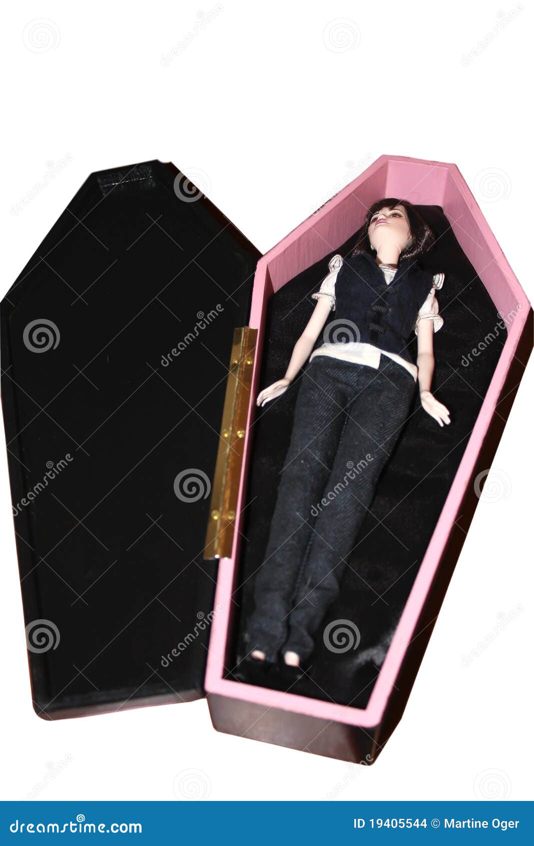 A pink coffin with a doll. stock photo. Image of dracula - 19405544