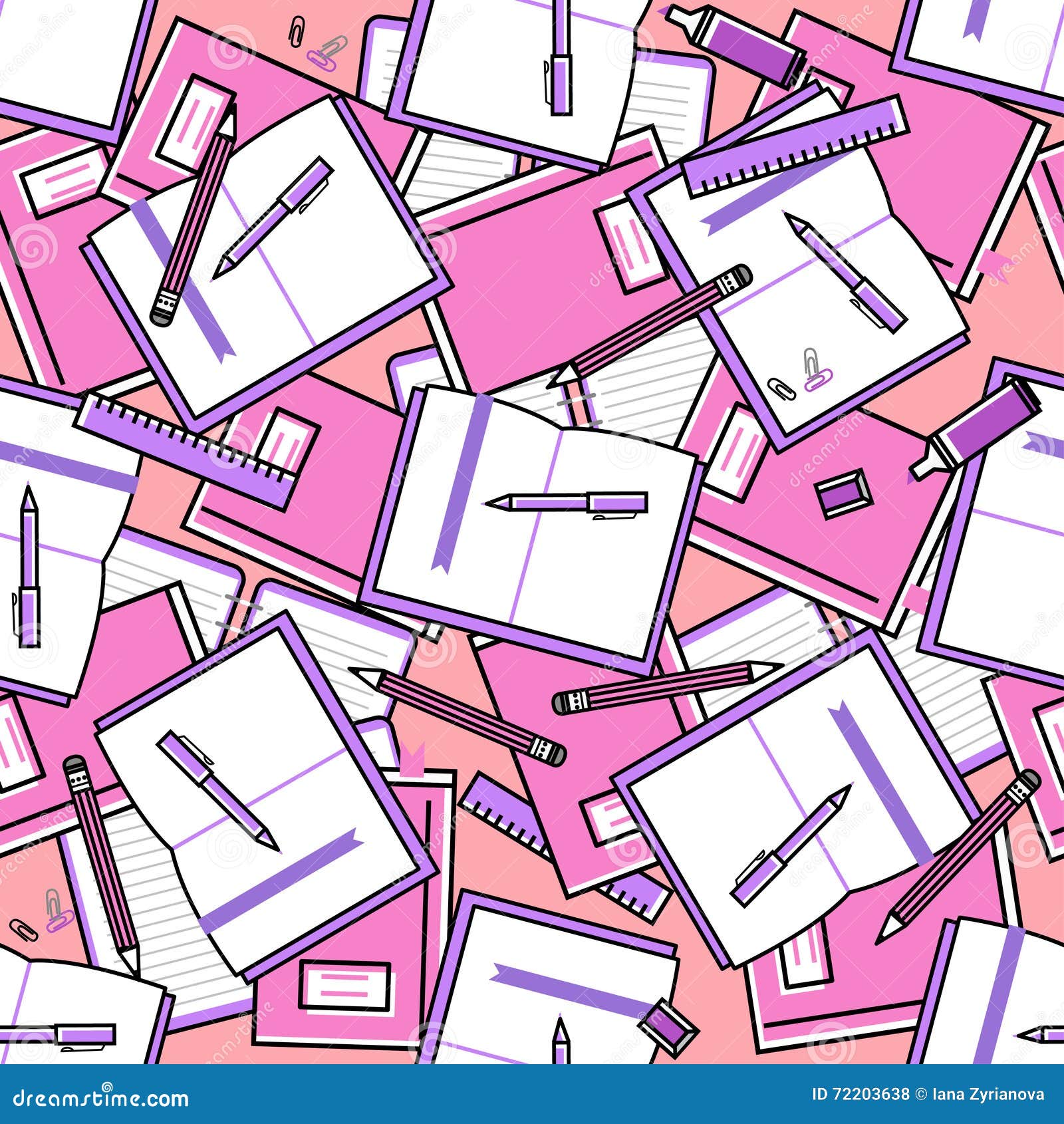 Pink Color Books Pattern, Notebooks, Pens, Vector Seamless Pattern ...