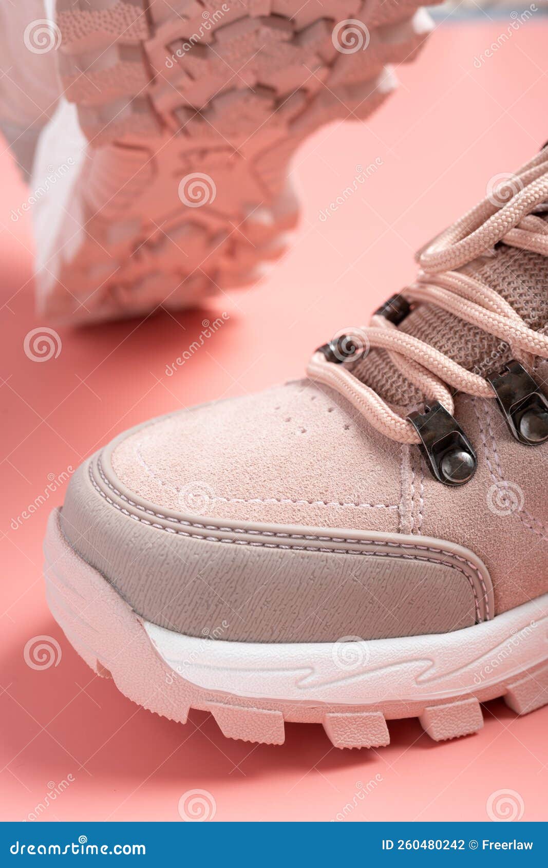 Pink Color Hiking Boots for Lady on a Pink Vertical Composition Stock ...