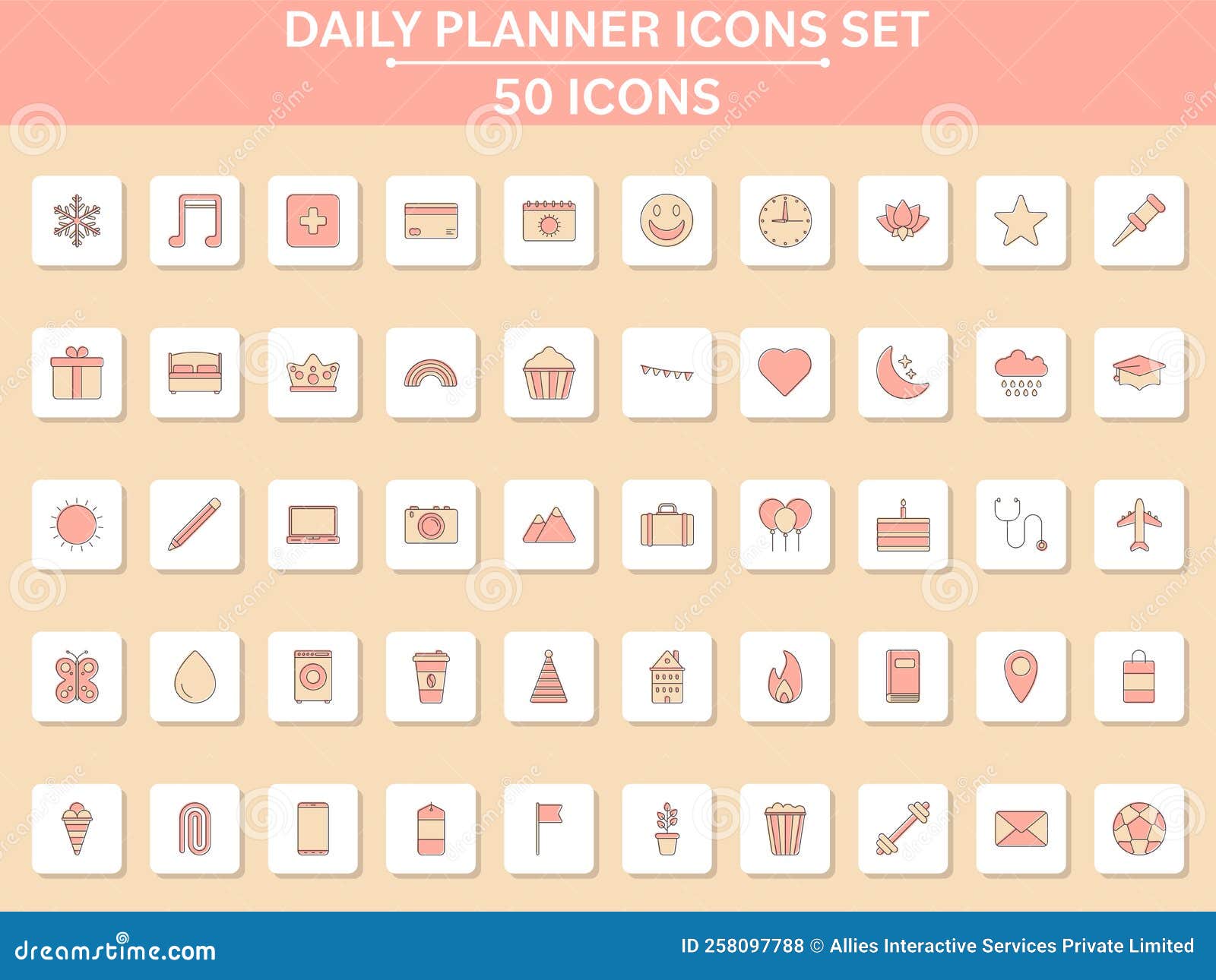 Pink Color Set of daily Planner Icons in Flat Stock Illustration ...