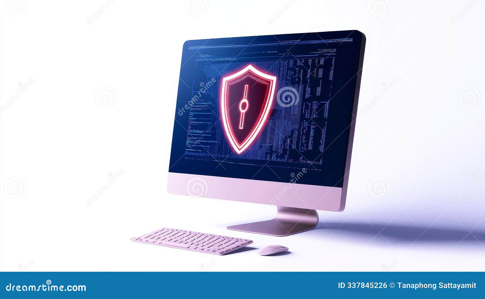 A Pink Computer with a Glowing Red Shield Symbol on the Screen ...