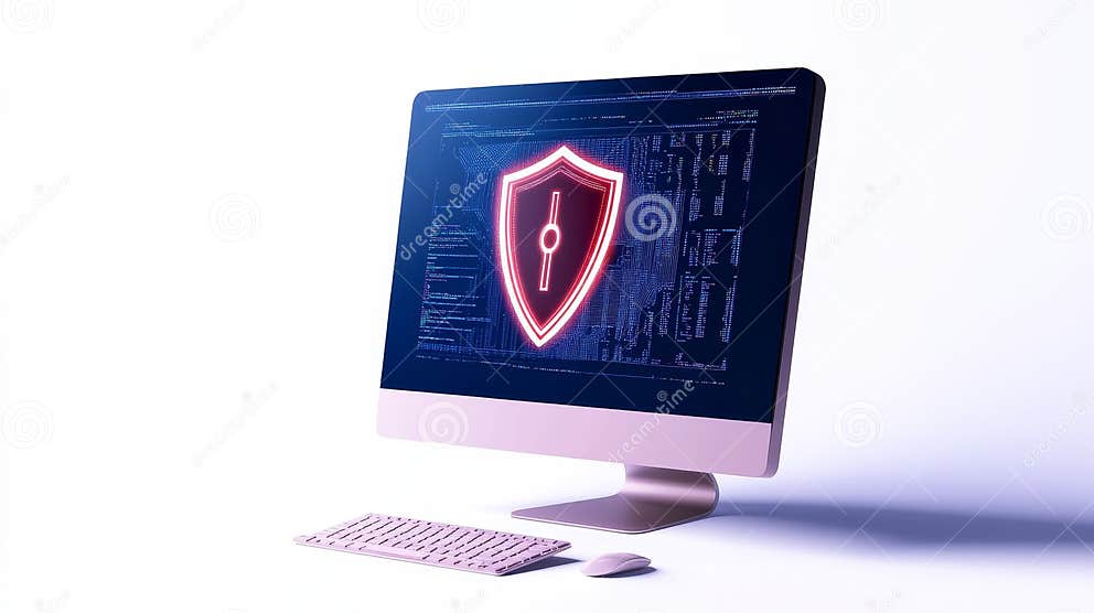 A Pink Computer with a Glowing Red Shield Symbol on the Screen ...