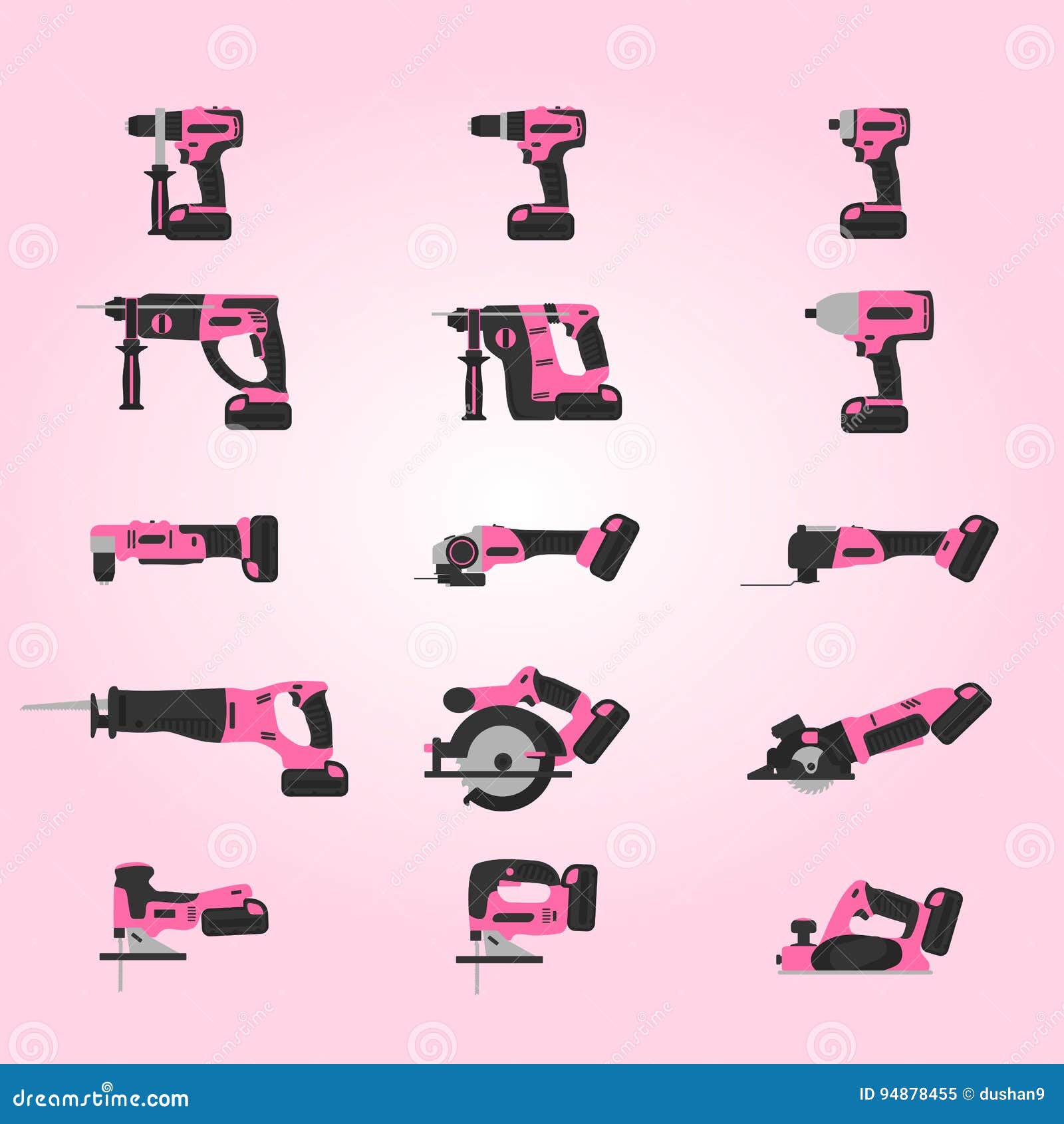 Cordless Power Tools In Action On Yellow Background Cartoon Vector ...
