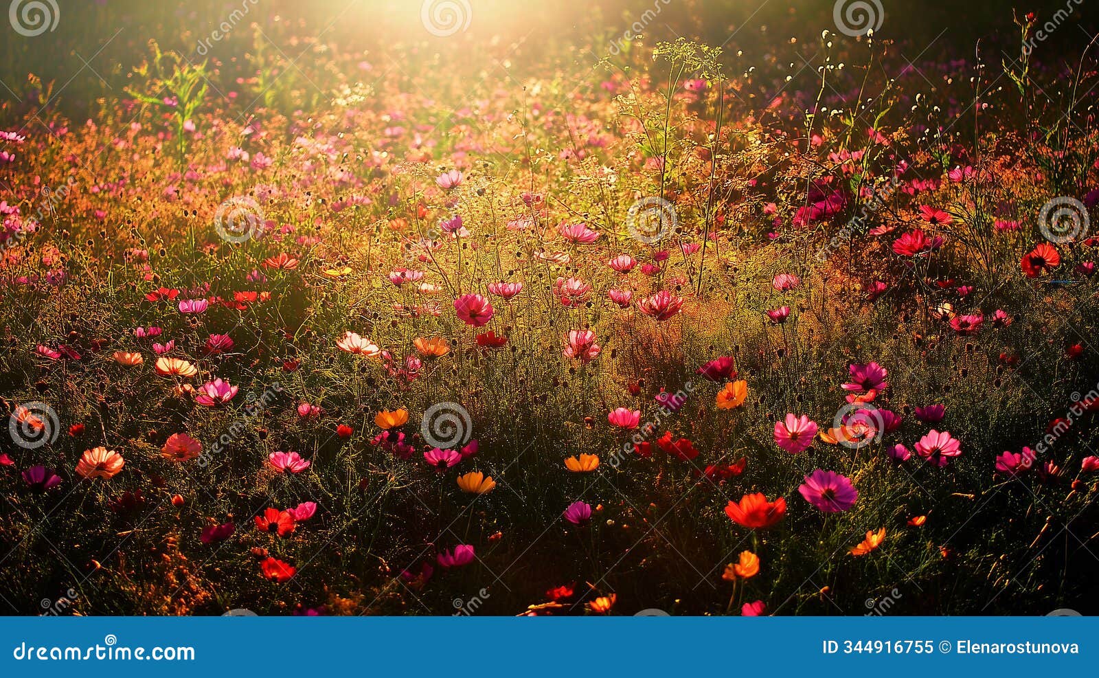 Pink Cosmos Fields in Backlit Scenery, Clouded Sky. Stock Illustration ...