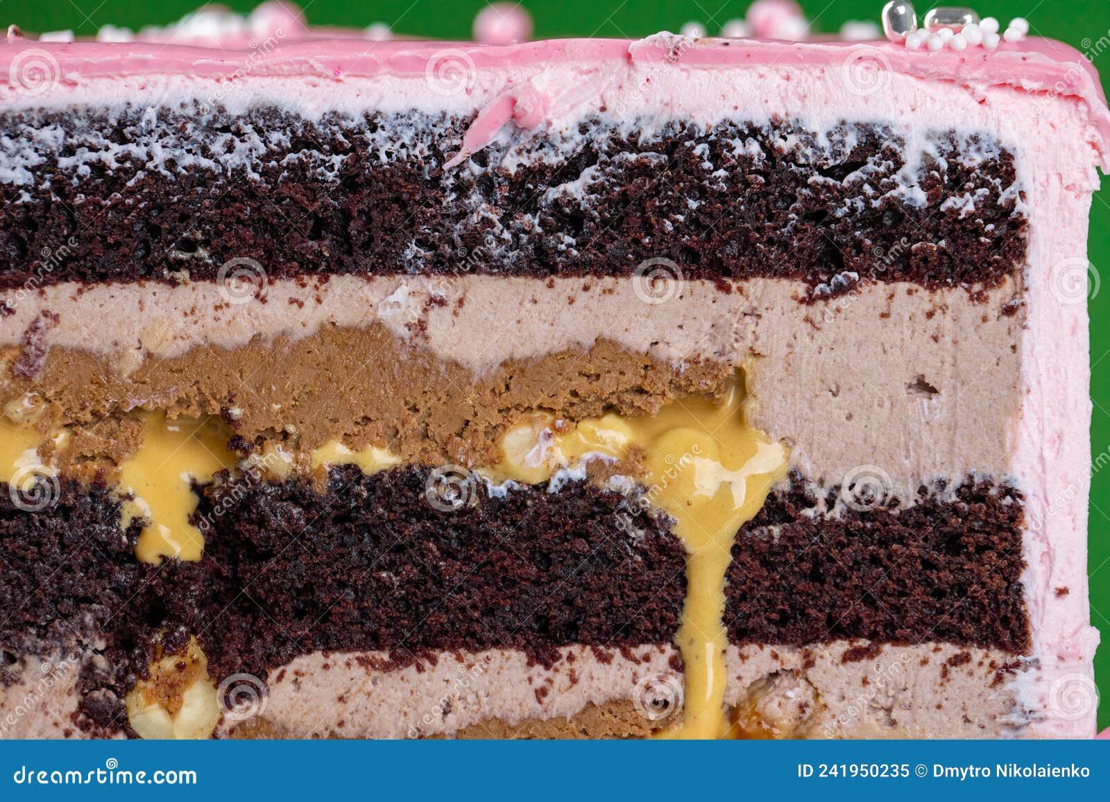 Pink Cream Cheese Cake Slice with Chocolate Chip Gouges Decorated with ...