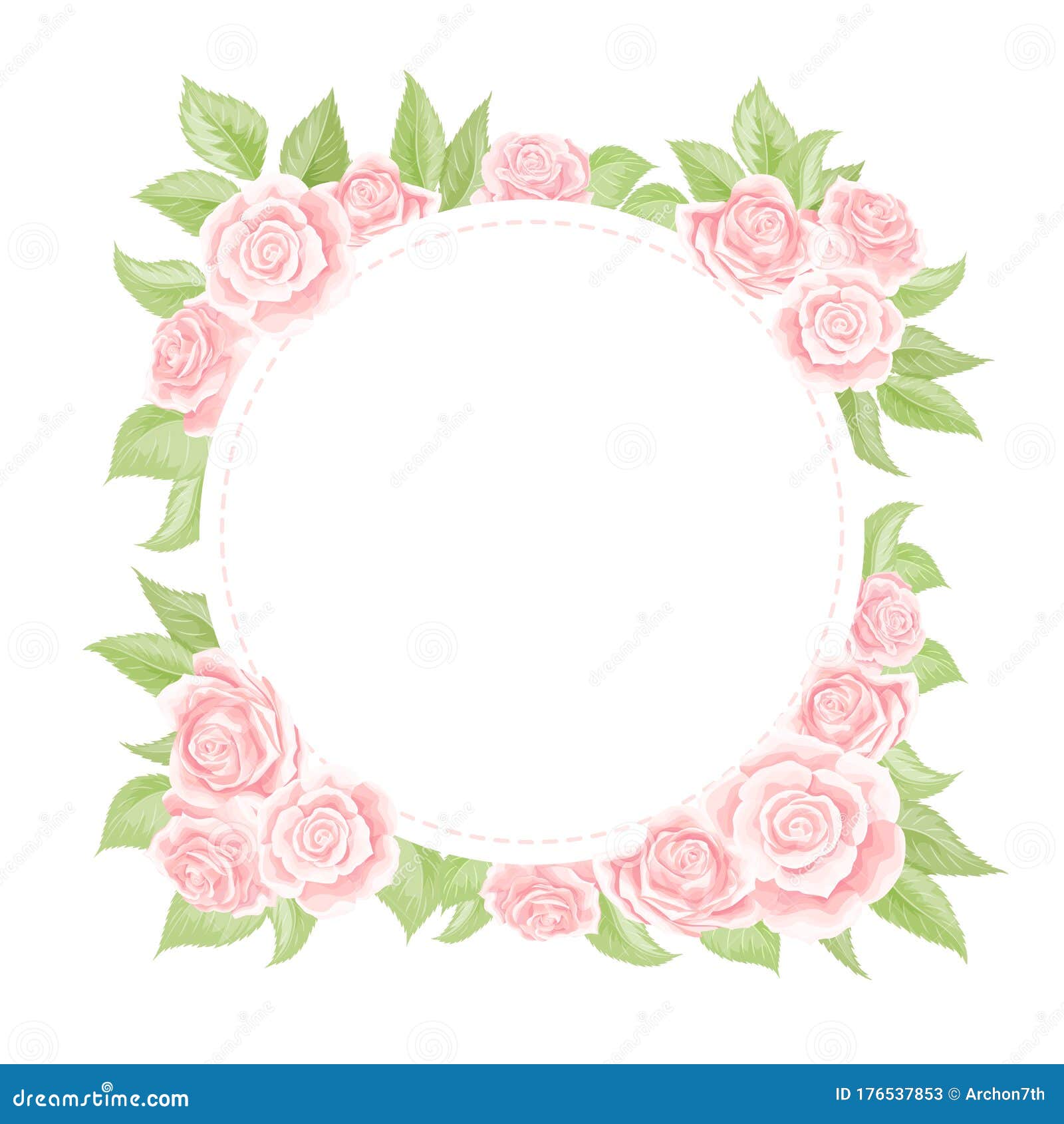 Pink Cream Rose Frame in the Shape of Circle, Hand Draw Vector ...