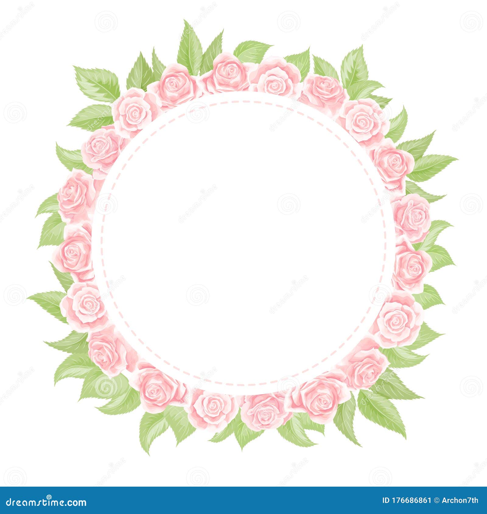 Pink Cream Rose Frame in the Shape of Circle, Hand Draw Vector ...