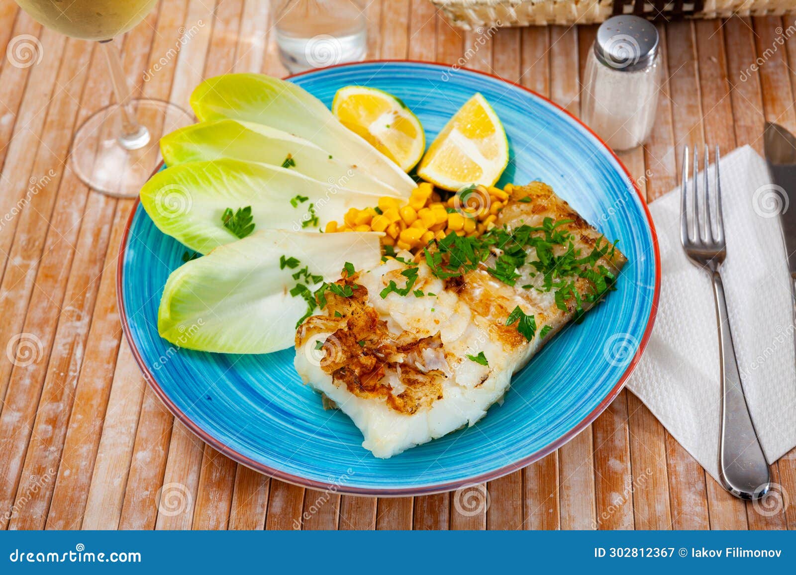 Pink Cusk-eel Fillet with Endive, Pickled Corn, Lemon and Greens Stock ...