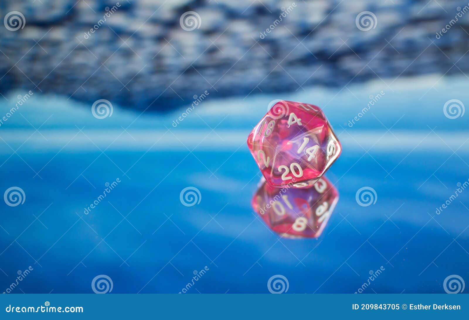 Pink D20 on Blue Reflecting Surface 2 Stock Image - Image of abstract ...