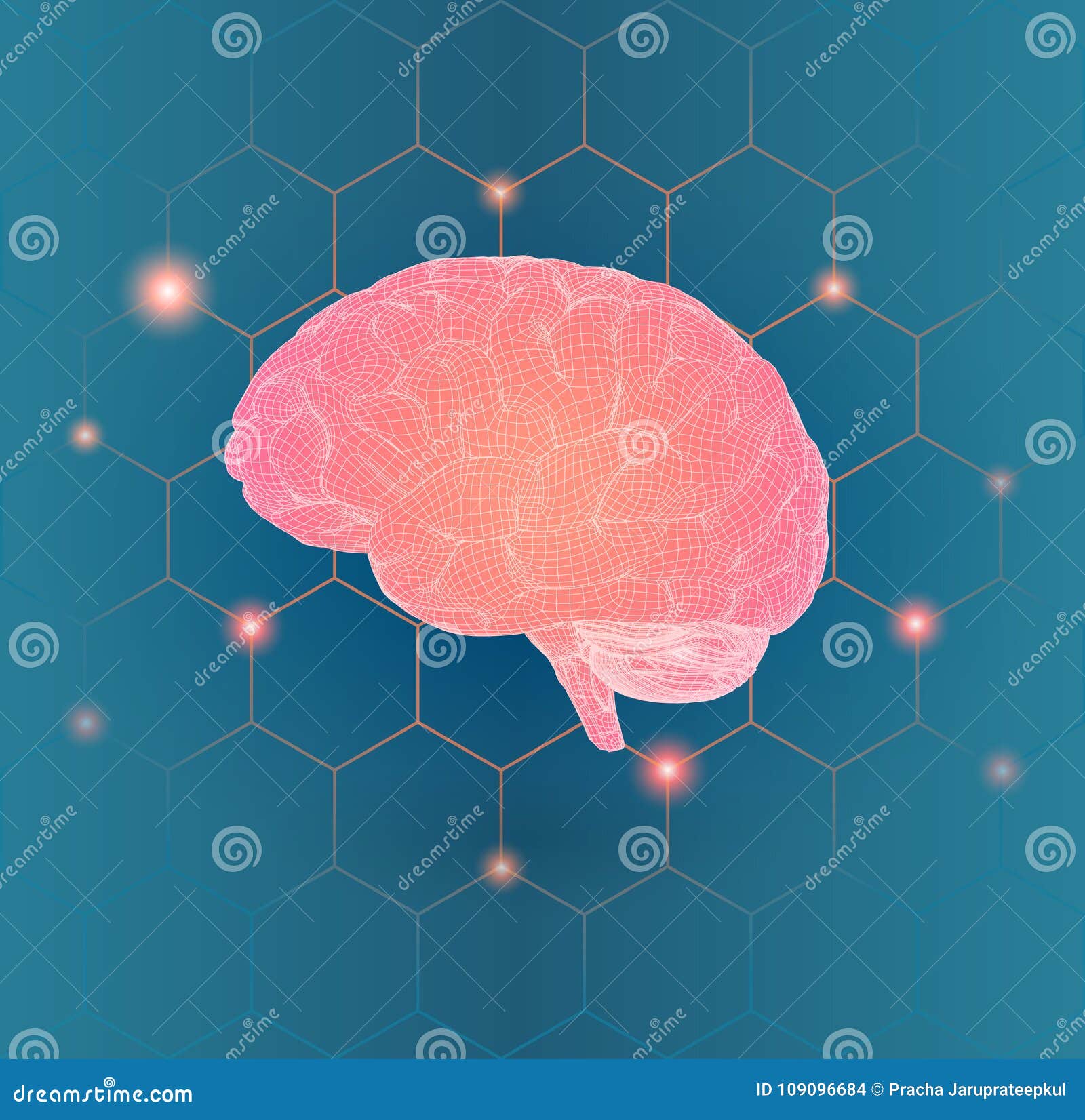 Wireframe Brain Side View on Hexagonal Connection BG Stock Vector ...